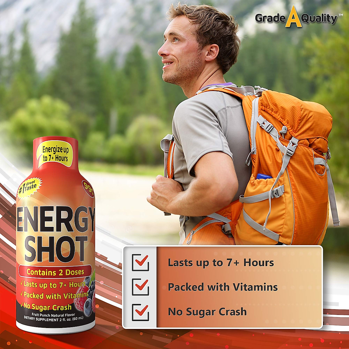 Grade A Quality Shots, Fruit Punch Flavor, Up to 7+ Hours of Energy, 1.93 Fl Oz, 12 Count