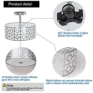 DLLT Semi Flush Mount Ceiling Light, 3-Light Modern Entry Light Fixture Ceiling Hanging with Drum Shade for Bedroom, Dining Room, Kitchen, Hallway, Entry, Living Room, Brushed Chrome Finish