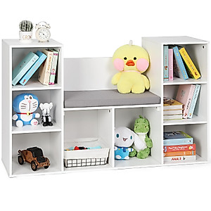Cowiewie Kids Bookshelf with Reading Nook, 8-Cubby Toy Storage Organizer with Seat Cushion, Toy Storage for Bedroom, Playroom, Kids Room, 13.39" D x 47.24" W x 29.92" H, White