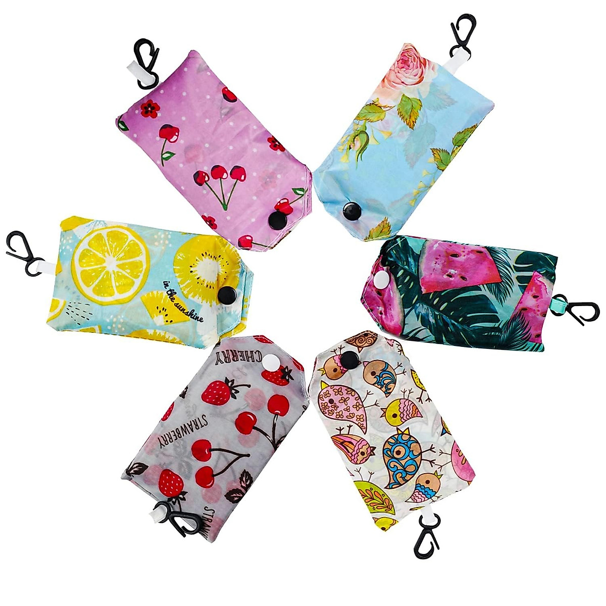 Elephant-package Pack of 6 Reusable Shopping Bags Foldable with Hook- Washable- Large Grocery Bag with Pouch Tote Bags (Fruit Birds)