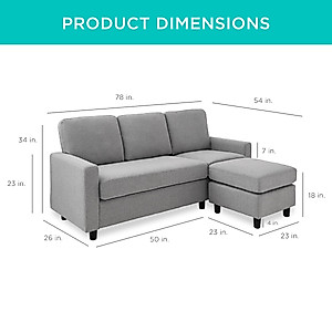 Best Choice Products Upholstered Sectional Sofa for Home, Apartment, Dorm, Bonus Room, Compact Spaces w/Chaise Lounge, 3-Seat, L-Shape Design, Reversible Ottoman Bench, 680lb Capacity - Light Gray