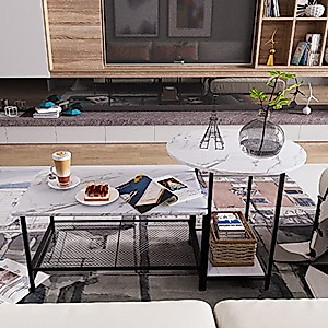 Huhote Nesting Coffee Table Set of 2 Storage End Table Modern White Faux Marble Round and Rectangular Table,2 Tiers Large Table with Metal Frame for Living Room Balcony Cabin Bed Room Dining Room.