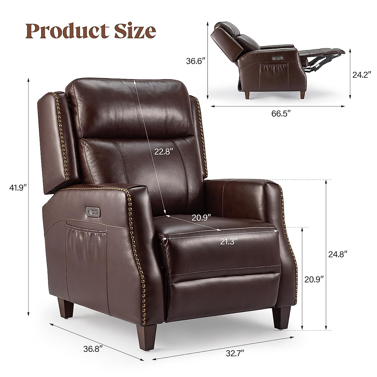 BMBMT Brown Recliner Chair, Genuine Leather Recliner with Retro Rivet Design, High-Density Sponge, Power Recliner Chair for Living Room, Bedroom, Office, Home Theater