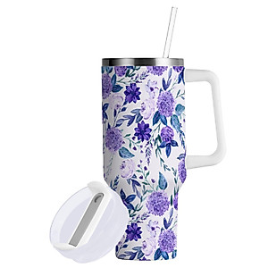 Adornlife Violet Flowers 30 oz Tumbler with Handle and Straw Lid, 100% Leak-proof Travel Coffee Mug, Stainless Steel Insulated Cup For Beverages, Cupholder Friendly