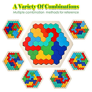 USATDD Wooden Hexagon Puzzle for Kid Adult Brain Teaser Puzzles Challenge Toy Shape Pattern Blocks Tangram Geometry Logic IQ Games STEM Montessori Educational Gift for 4-8 Boys Girls