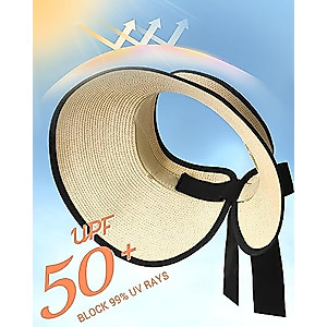Camptrace Sun Visors for Women Wide Brim Beach Hat UPF 50+ Foldable Straw Visor Hat Ponytail Summer Packable Beige