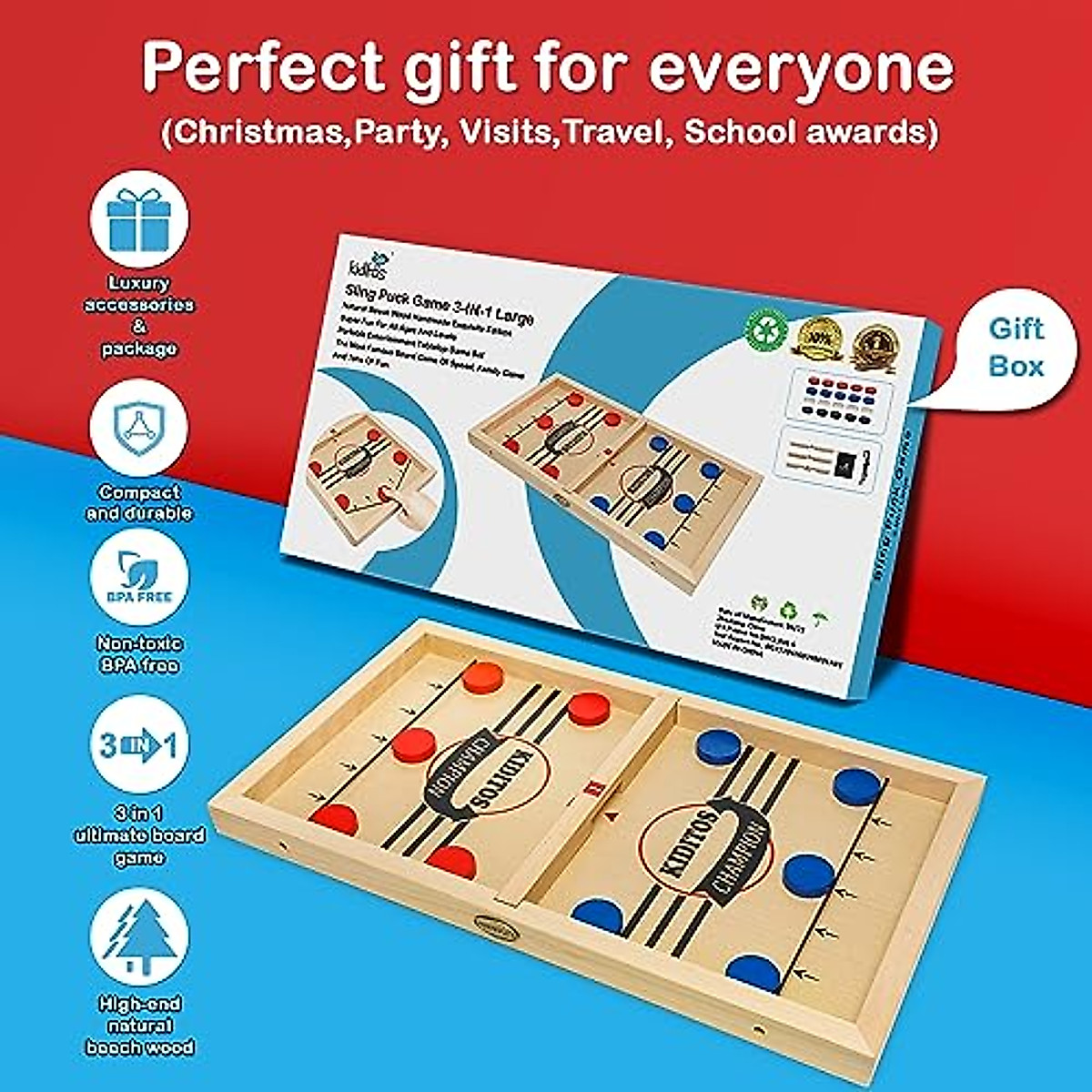 Kiditos 3-in-1 Large Fast Sling Puck Game Checkers Chess Set, 22.83” x 12.60” Popular Wooden Board Game Super Fun Slingshot Toy and Perfect Hockey Toy Gift for Kids, Adults, Friends and Colleagues