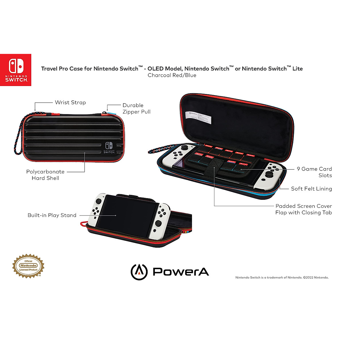 PowerA Slim Travel Pro Case for Nintendo Switch - OLED Model, Nintendo Switch and Nintendo Switch Lite - Red/Blue, Hard Shell, Protective Case, Gaming Case, Console Case