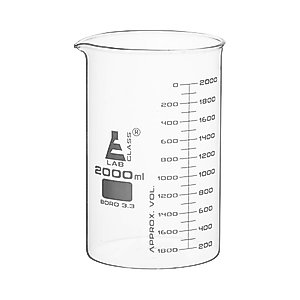EISCO Beaker, 2000ml - ASTM - Low Form with Spout - Dual Scale, White Graduations - Borosilicate 3.3 Glass