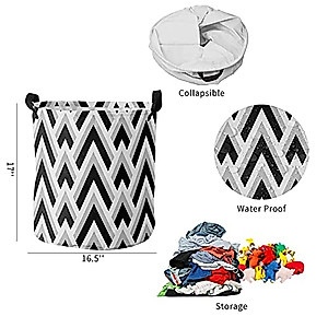 Collapsible Laundry Basket 17inch Chevron Striped Freestanding Laundry Hamper with Handles White Gray Black Drawstring Storage Basket for Clothes Toys Bedroom Nursery Bathroom