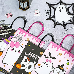 AnyDesign 24Pcs Halloween Paper Gift Bags with Handles 4 Design Halloween Boo Theme Bags Ghost Pumpkin Black Pink Candy Bags Goodie Present Bags for Gift Wrapping Halloween Birthday Party Favor