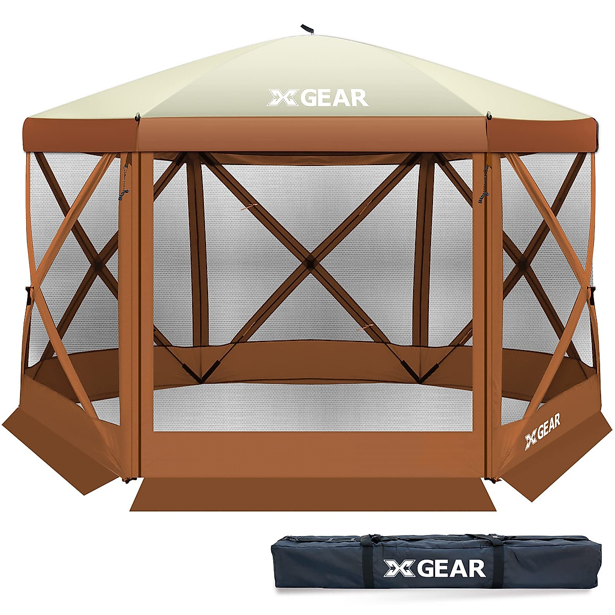 XGEAR 6 Sided Pop Up Camping Gazebo 11.5’x11.5’ Instant Canopy Tent Sun Shelter Screen House with Mosquito Netting, for Patio, Backyard, Outdoor,Brown