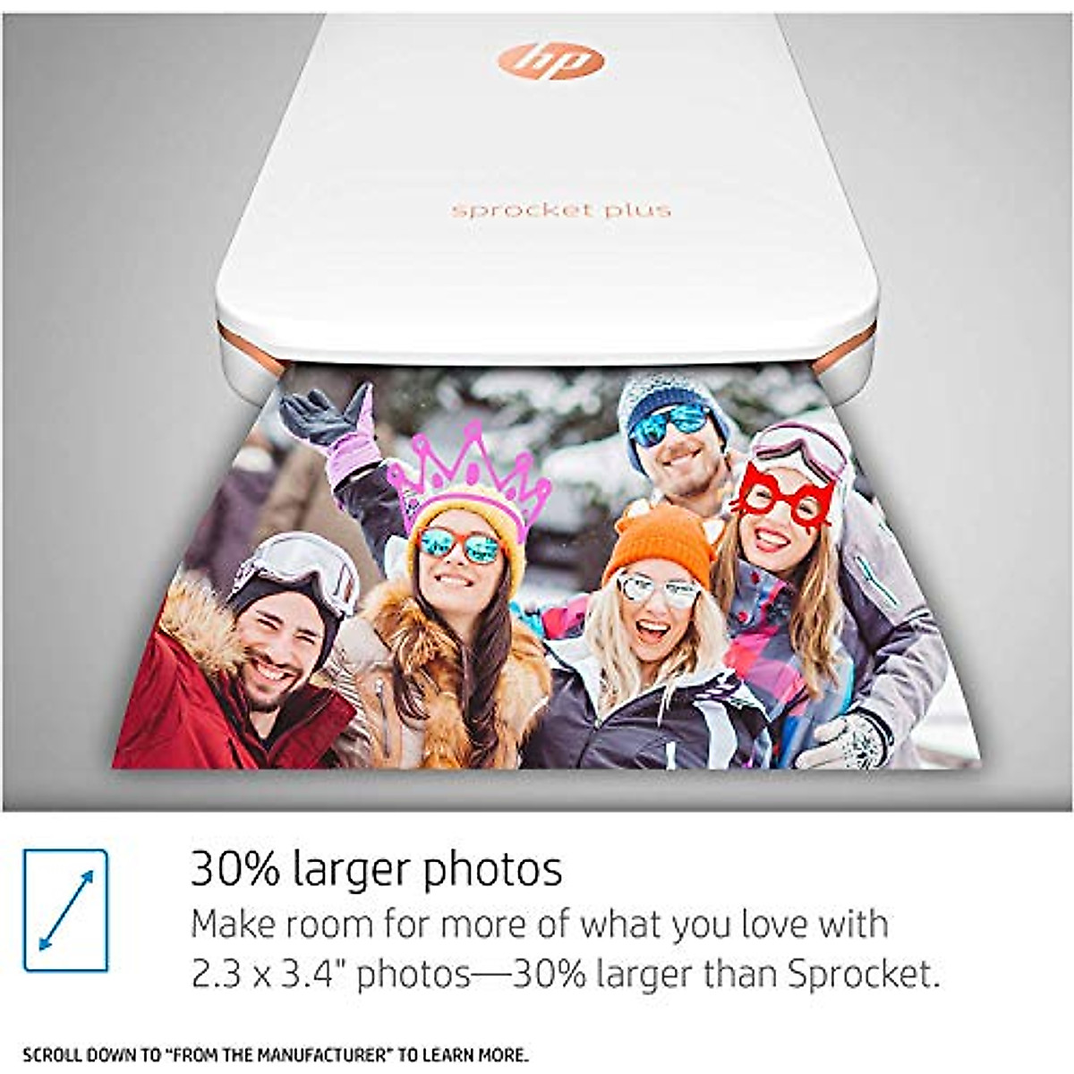 HP Sprocket Plus Instant Color Photo Printer, Print 30% Larger Photos on 2.3x3.4 Sticky-Backed Paper – White (2FR85A)