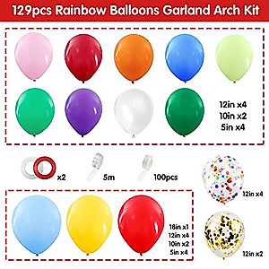 RUBFAC Rainbow Balloons Garland Arch Kit, 129pcs 12 Assorted Color Balloons Colorful Party Balloons for Birthday Party Baby Shower Decoration