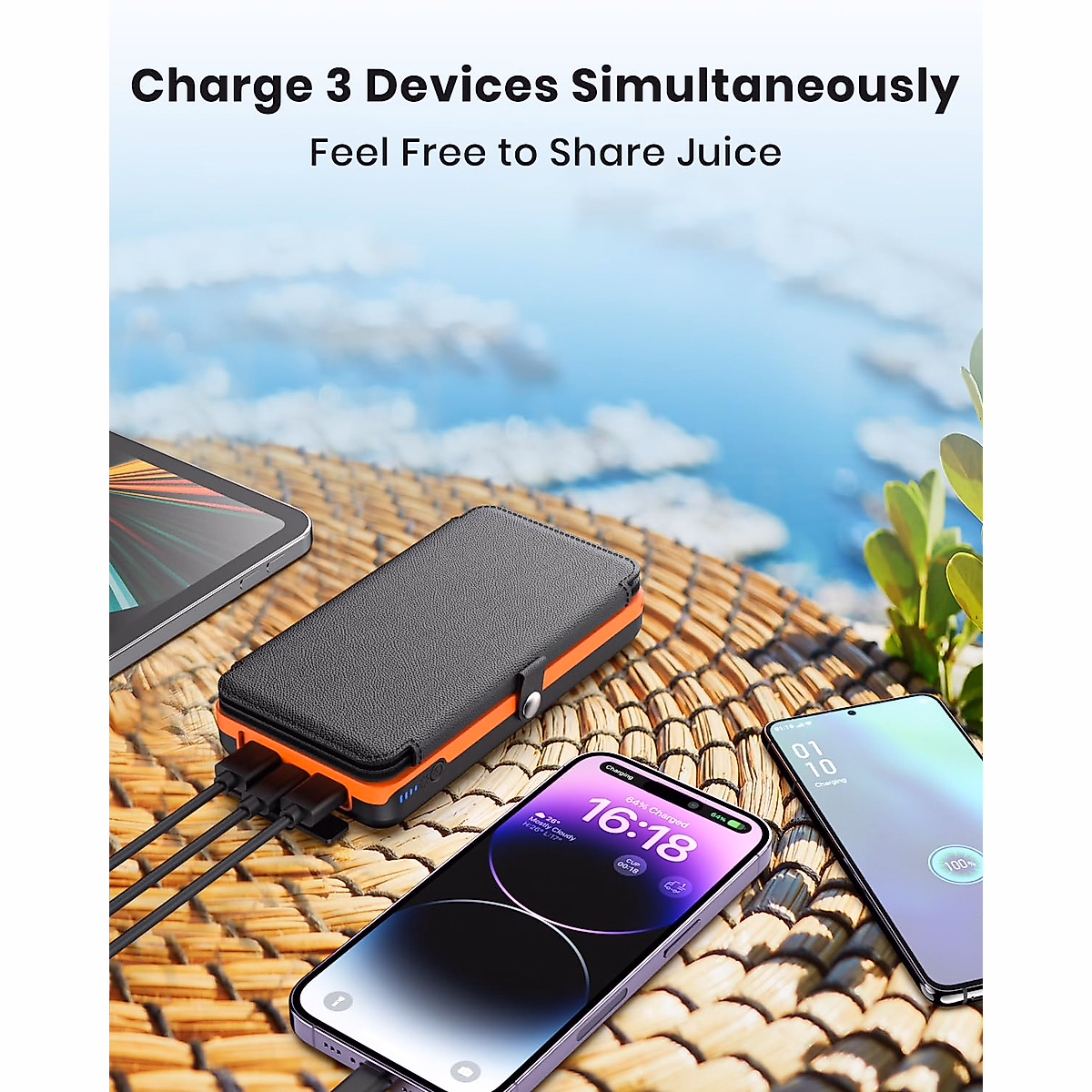 FEELLE Solar Charger 27000mAh, 22.5W Fast Charging Solar Power Bank 4 Solar Panels Portable Phone Charger PD QC 4.0 USB C External Battery Pack for iPhone Samaung iPad Outdoor