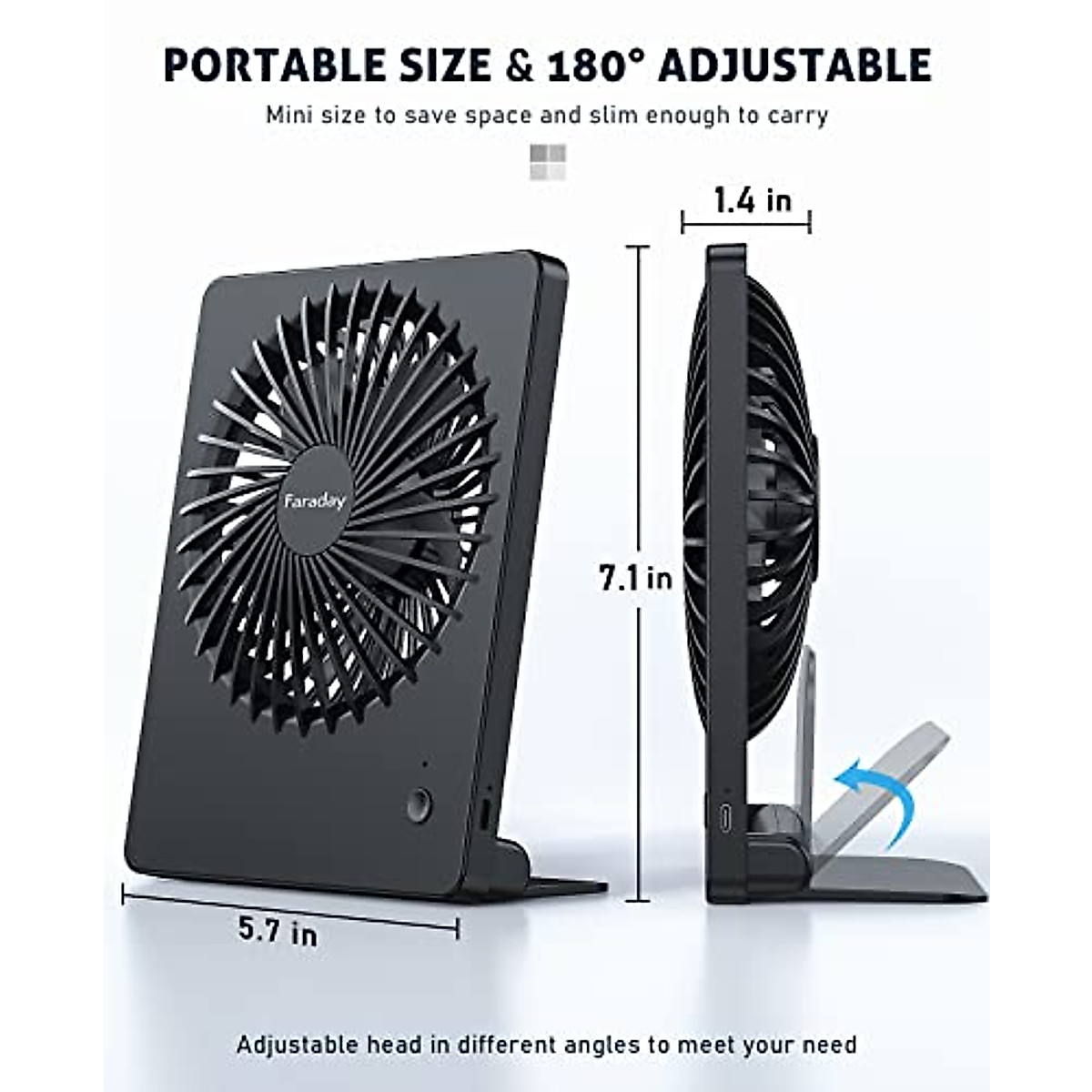 FARADAY Small Table Fans Rechargeable Portable 180°Tilt Folding Desk Fans Battery Operated Personal Fan Ultra Quiet For Home Bedroom Office Desktop, 3 Speeds (Black)