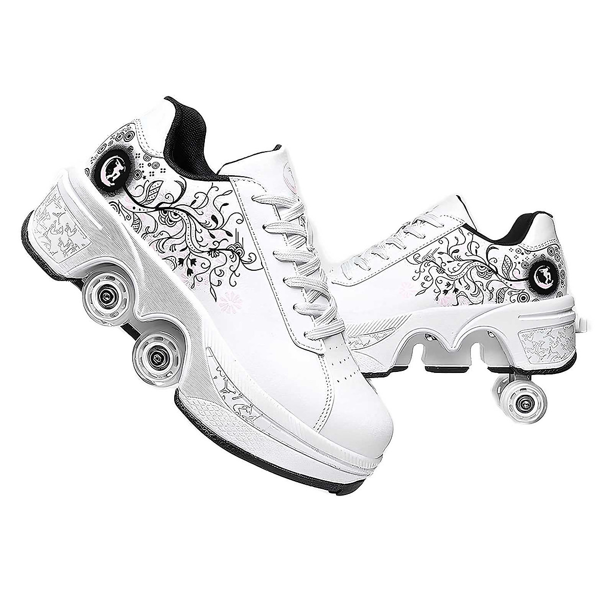 JZYUN Clock Double-Row Deformation Skates, Multifunctional Roller Shoes,Pulley& Outdoor Sneakers 2-in-1 Shoes, Automatic Walking Shoes with 4 Retractable Wheels for Adult Children