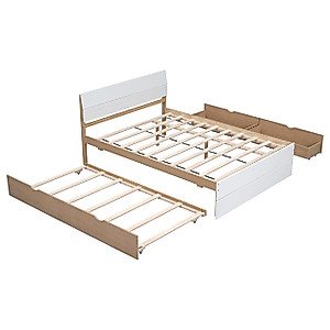 YOPTO Full Size Modern Bed Frame with Twin Size Trundle and 2 Drawers,Wooden Platform Bed W/High Gloss Craft Headboard and Footboard,Easy Assembly,for Bedroom,Apartment,White & Light Oak