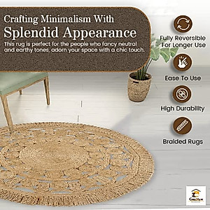 GRUHUM Handwoven Jute Area Rug- 4ft Round-Natural Fiber Boho Soft Braided Rustic Vintage Beige Reversible EcoFriendly Rugs- Farmhouse Indoor EcoFriendly Kitchen Bedroom Living Room Hallways 4'ftRound