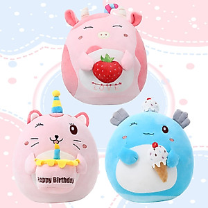 MILEGI 12’’ Happy Birthday Cake Cat Plush Pillow, Cat Stuffed Animal with Stereo Cake, Happy Birthday Plush Toy Cute Cat Plushie Doll, Home Room Decoration Pink Birthday Gifts for Girls Boys Kids