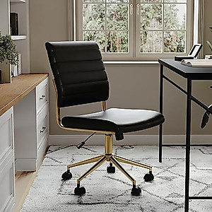 Martha Stewart Ivy Armless Swivel Task Chair for Home Office in Black Faux Leather with Polished Brass Frame