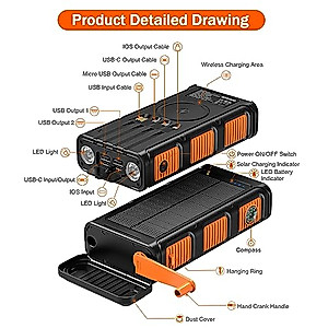 GOODaaa Power Bank Wireless Charger 45800mAh Built in Hand Crank and 4 Cables 15W Fast Charging Power Bank 7 Outputs & 4 Inputs Solar Portable Charger, SOS/Strobe/Strong Flashlights, Compass (Orange)