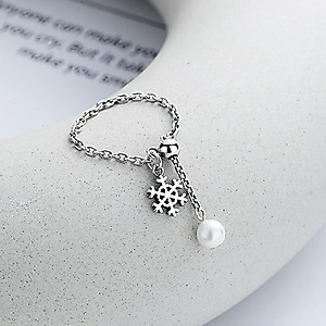 NewZenro Snowflake Pearl Flower Chain Tassel Dangle Statement Stacking Adjustable Sterling Silver Rings for Women Dainty Threader Finger Ball Bead Band Ring Gifts Xmas Daughter Bff