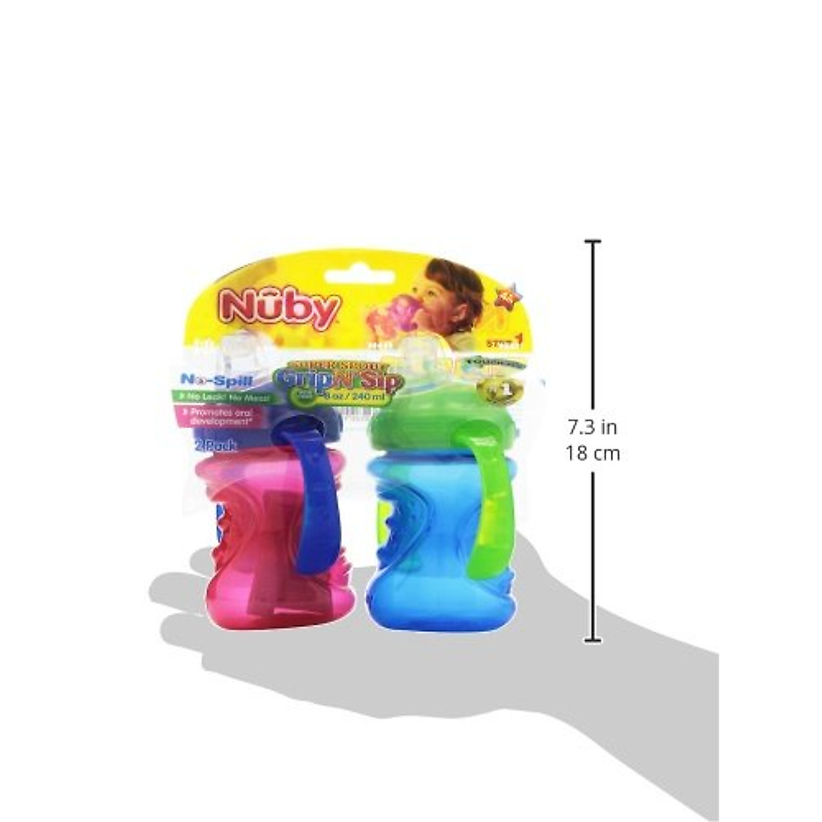 Nuby Plastic 2-Pack No-Spill Super Spout Grip N' Sip Cup, Red and Blue