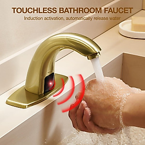 Charmingwater Touchless Bathroom Sink Faucet, Motion Automatic Sensor Faucet with Hole Cover Plate, Brushed Gold