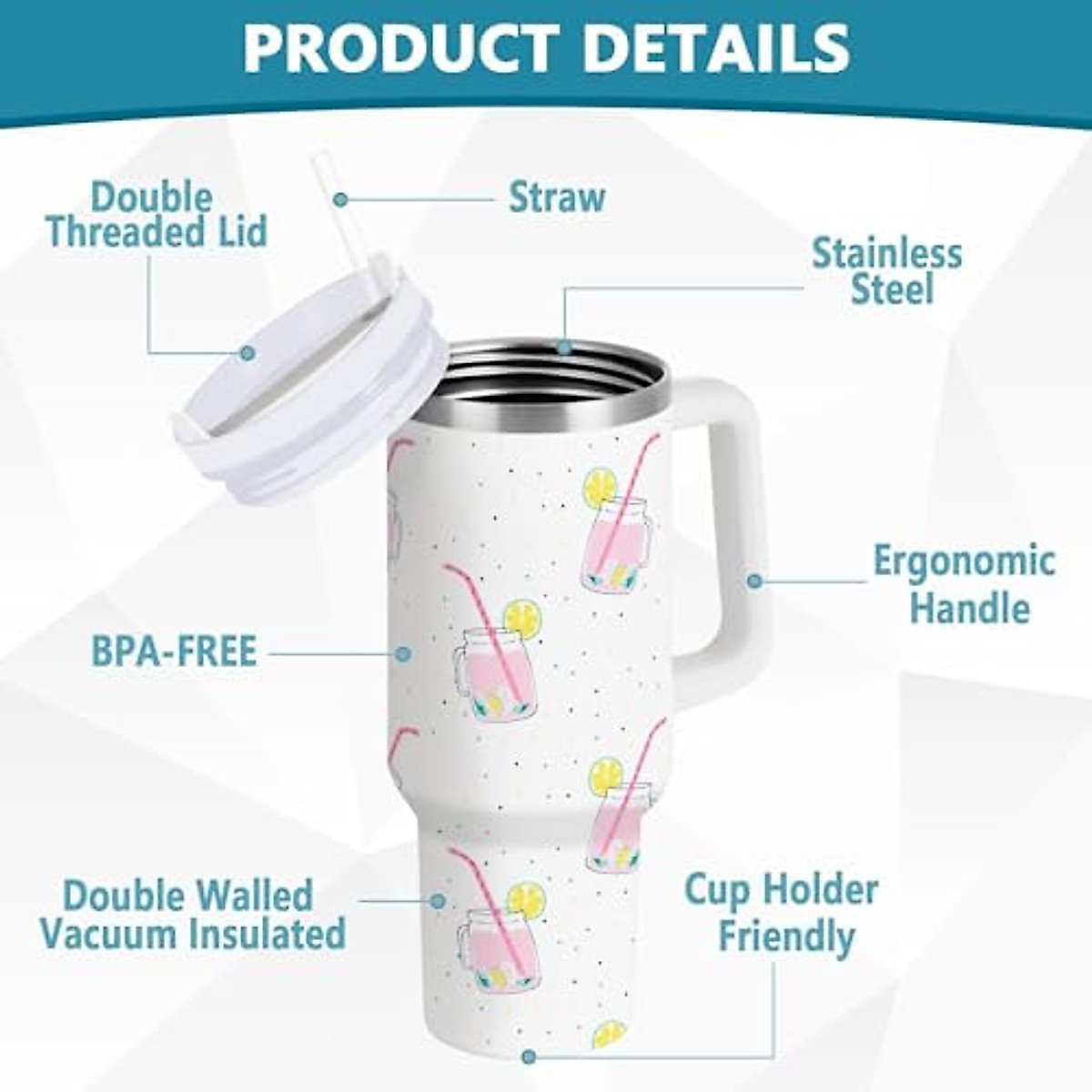 DIGTIA Stainless Steel Insulated Tumbler w/Handle & Straw, Cocktail Lemon Double Wall Vacuum Travel Coffee Mug Cup w/Lid, Leak-Proof Sports Pink Water Bottle,30oz