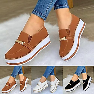 Sneakers for Women Walking Shoes Women Comfort Slip On Breathable Platform Wedge Round Toe Fashion Metal Chain Embellished Loafers Brown