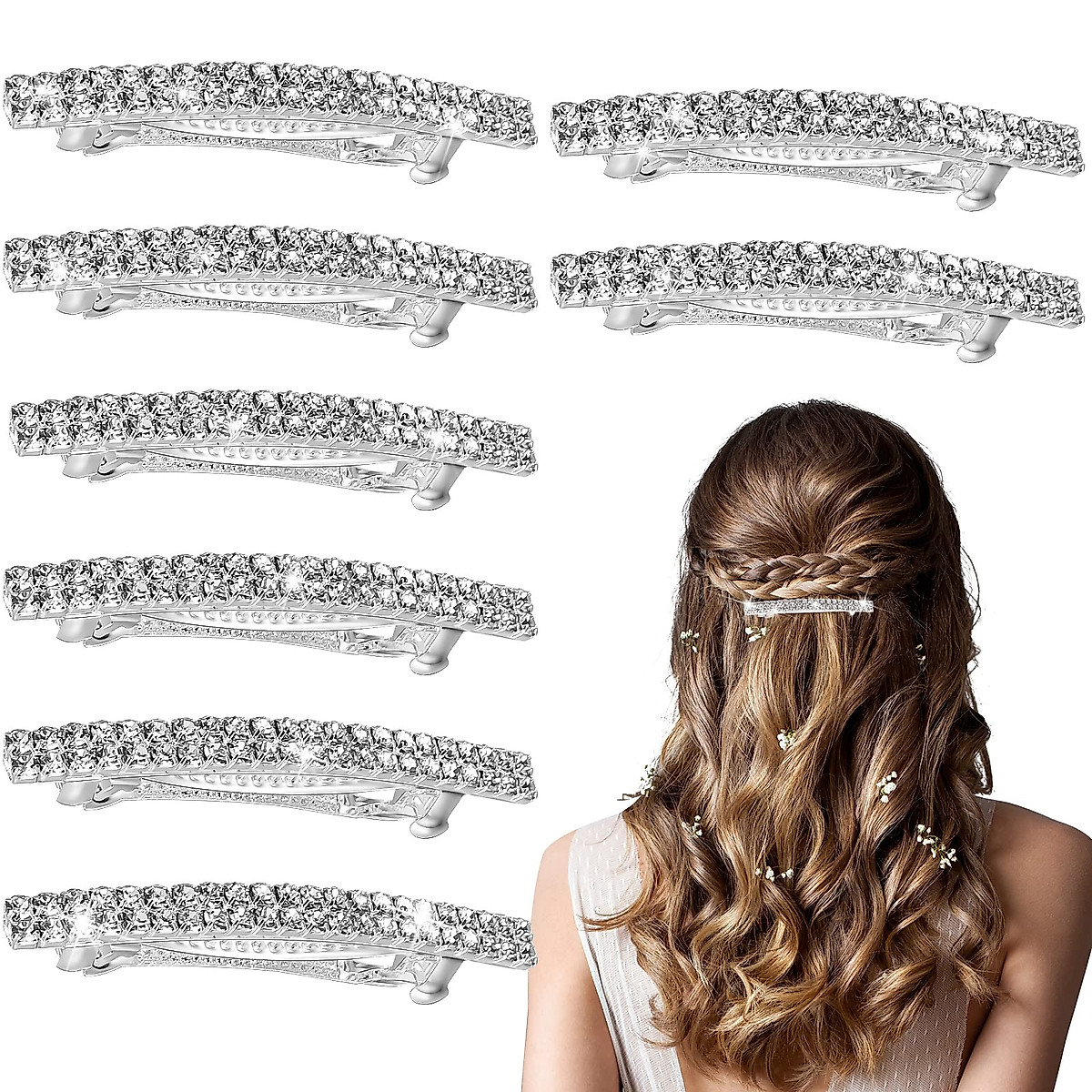 8 Pieces Rhinestone Hair Barrettes Bling Silver Hair Clips Metal Spring Hair Grip Clips Two Row Rhinestone Hair Clips Rhinestone Hair Pin Hair Jewelry Accessories Crystal Clips for Women