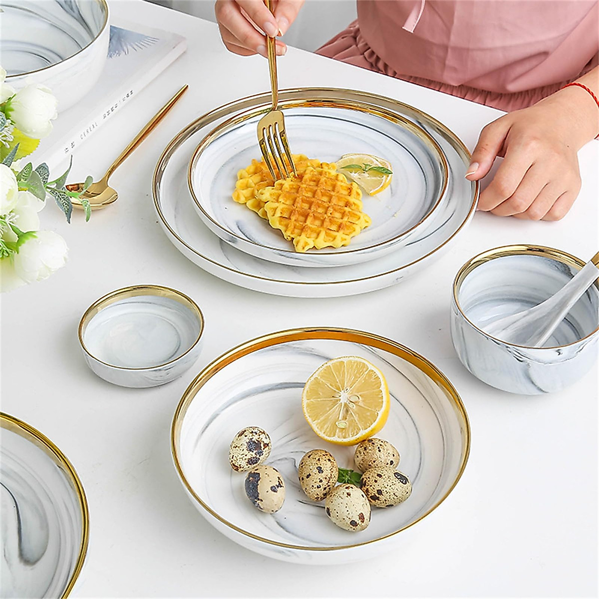 BINTING Steak Dinner Plate Gold Rim Ceramics Dinnerware Set Gold Rim Dinnerware Set European Style Dishes 9-Pieces Sets Gold Edge Marble Pattern Sturdy Tableware