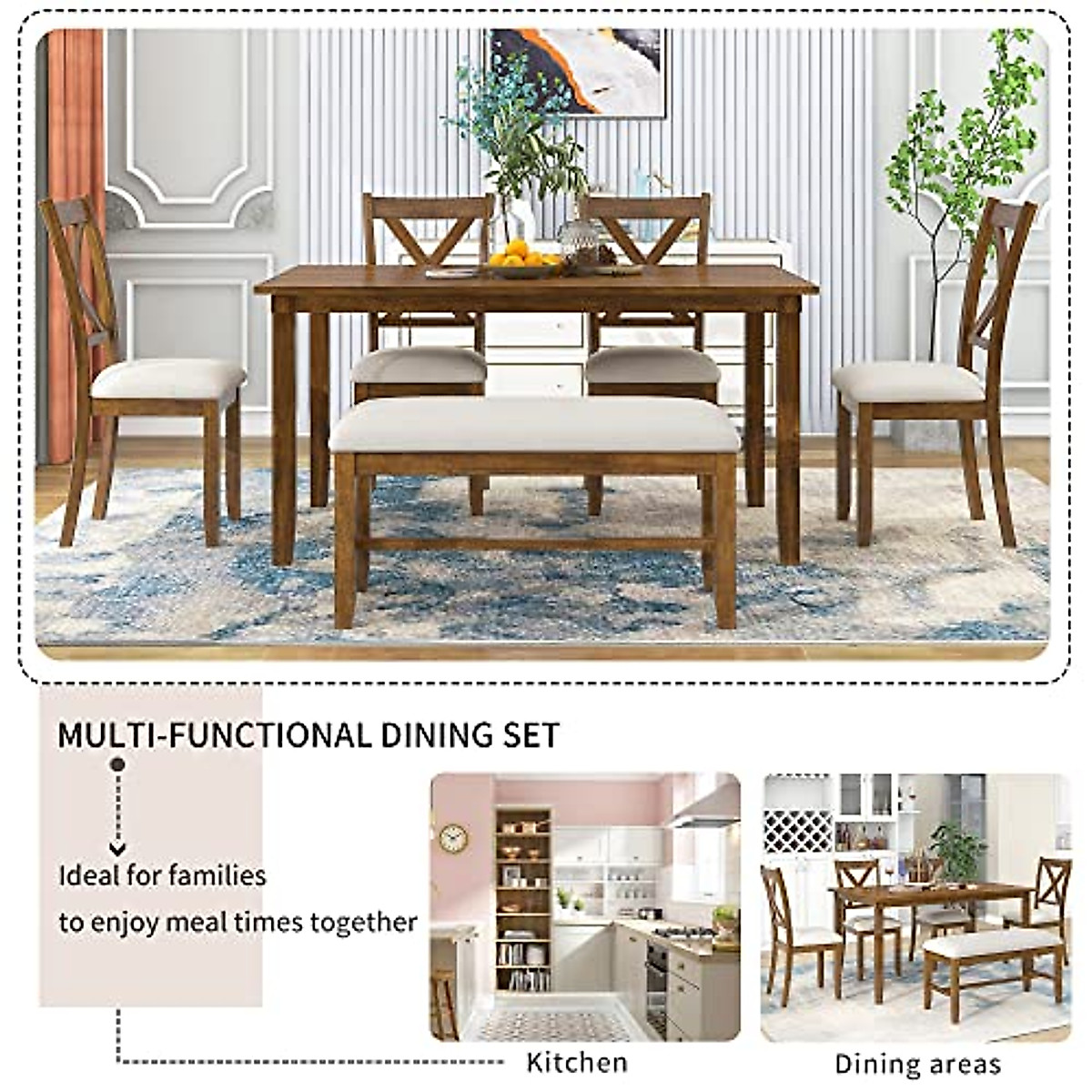 WOZNLA 6-Piece Farmhouse Rustic Dining Table Set - Rectangular Wood Table and Chairs with Padded Seats - Perfect Family Kitchen Furniture for Gatherings and Meals
