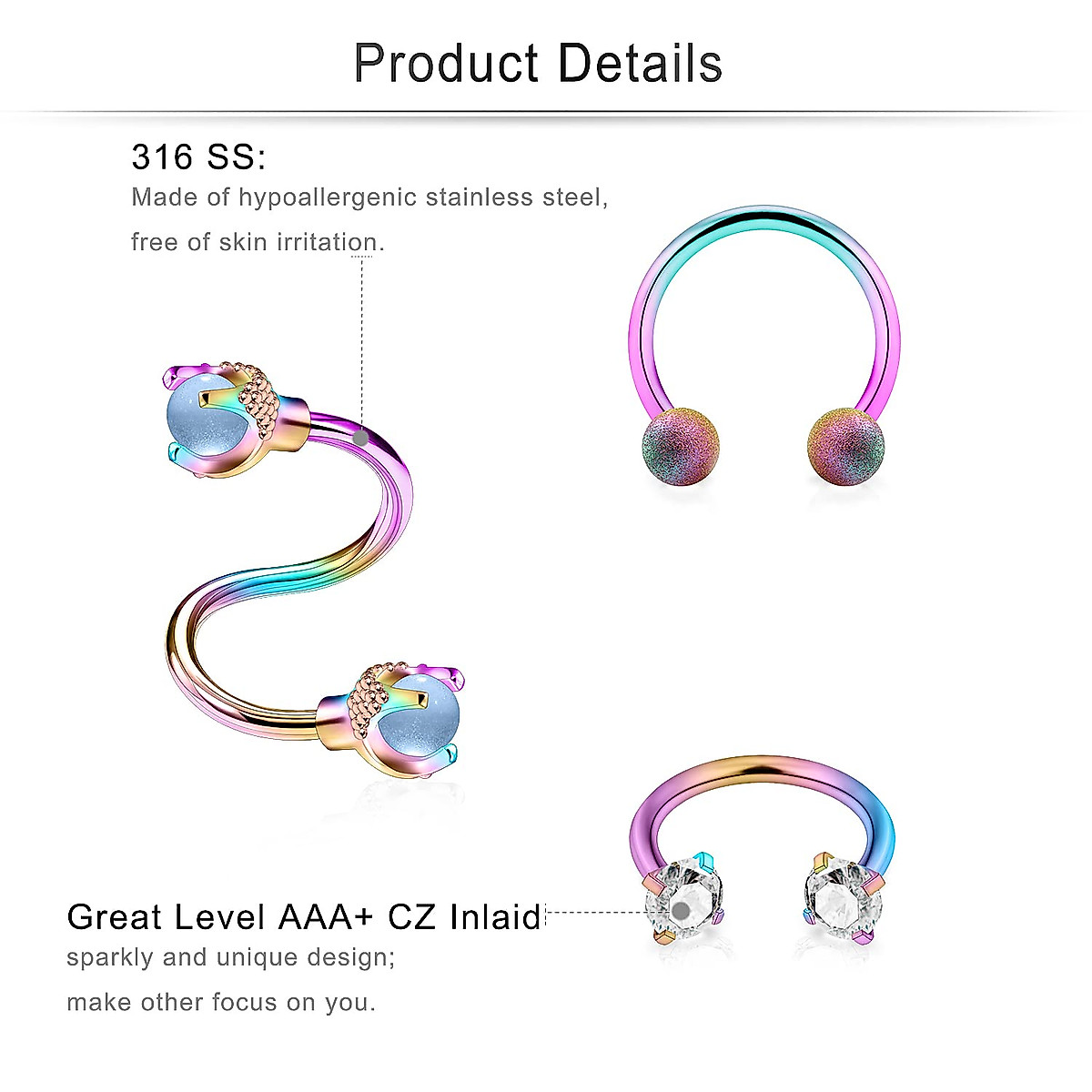 Cisyozi 16G Lip Rings Hoop Piercing Jewelry for Women Stainless Surgical Steel Spiral Horseshoe septum Ring Dragon Claw Tragus Helix Cartilage Earring Hoop Piercing Jewelry for Women Men 16 Gauge 8mm