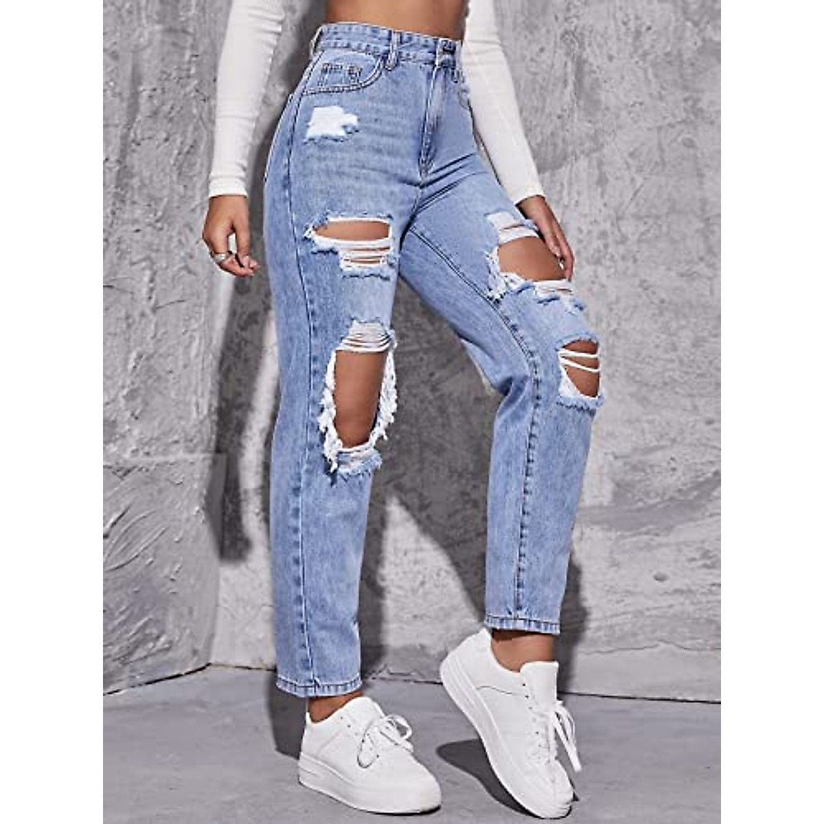 Floerns Women's High Waist Straight Leg Ripped Jeans Distressed Denim Pants Light Blue M