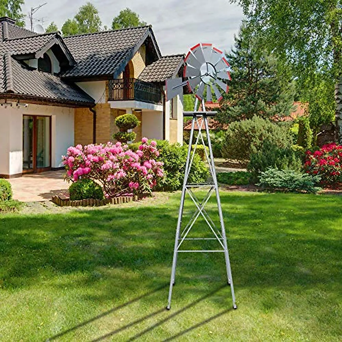 VINGLI Upgrade 8FT Ornamental Windmill Backyard Garden Decoration Weather Vane, Heavy Duty Metal Wind Mill w/ 4 Legs Design, Grey