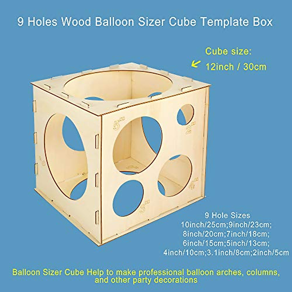 Pllieay 9 Sizes Collapsible Wood Balloon Sizer Cube Box for Balloon Decorations, Balloon Arches, Balloon Columns (2-10 Inch)