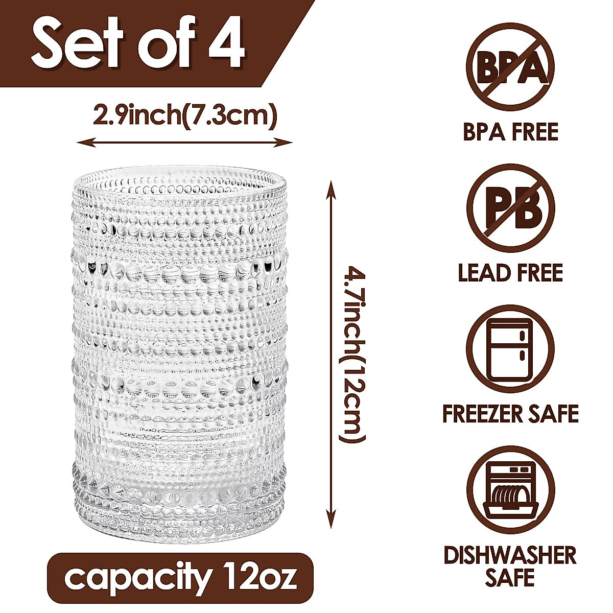 Swetwiny 4 Pack Hobnail Drinking Glasses, 12 Ounce Vintage Drinking Glasses, Old Fashioned Glassware Highball Glasses Water Glasses for Cocktail Whiskey Bear Coffee