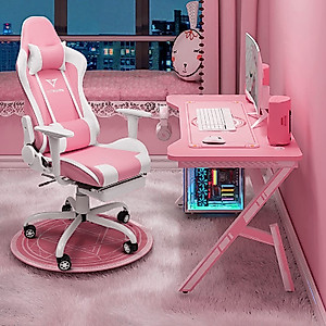 VITESSE Pink Gaming Chair with Footrest Cute Kawaii Gaming Chair for Girl Gamer Chair Ergonomic Office Desk Chair Racing Chair Adjustable High Back Chair with Lumbar Support and Headrest,Pink/White