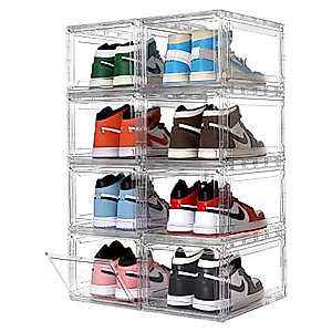 LOVIFO Shoe Boxes Clear Plastic Stackable, 8 Pack Acrylic Shoe Storage Boxes with Magnetic Door for Sneakerheads, Professional Shoe Display Case, Fit Shoe Size Up to US 15