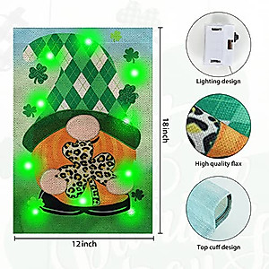St Patrick's Day Garden Flag with Green Led Lights Good Shamrock Luck Truck Gnome 12 X 18 Inch Double Sided Garden Flag Durable Burlap Shamrock Garden Flag for Lawn Party Outdoor Decorations (Gnome-3)