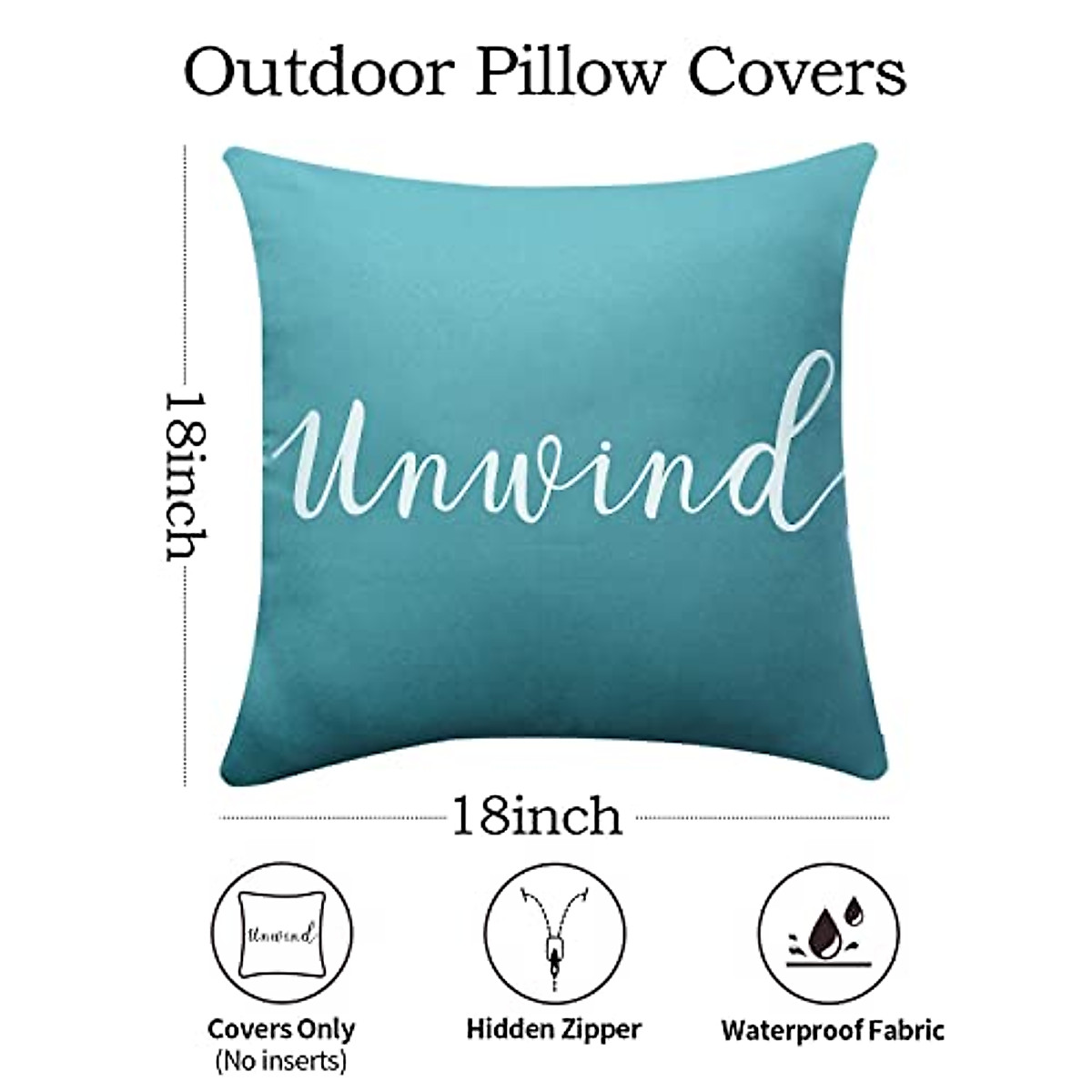 KRINGSIA Pack of 2, Unwind Outdooor Waterproof Throw Pillow Covers, Square Decorative Garden Cushion with Quotes & Sayings for PatioTent Couch (18x18 inch, Turquoise)