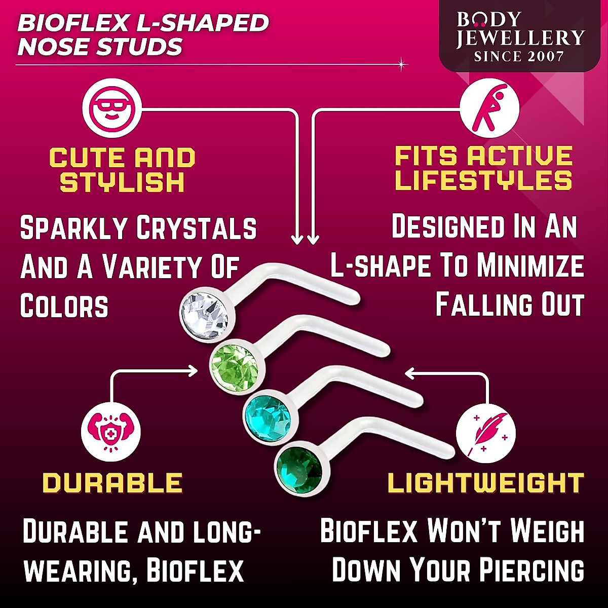bodyjewellery 4pcs 20g 0.8mm Nose Studs L Shaped Flexible Acrylic Nostril Screw Rings Piercing 2.5mm Crystal BOAP CR BZ PE ER