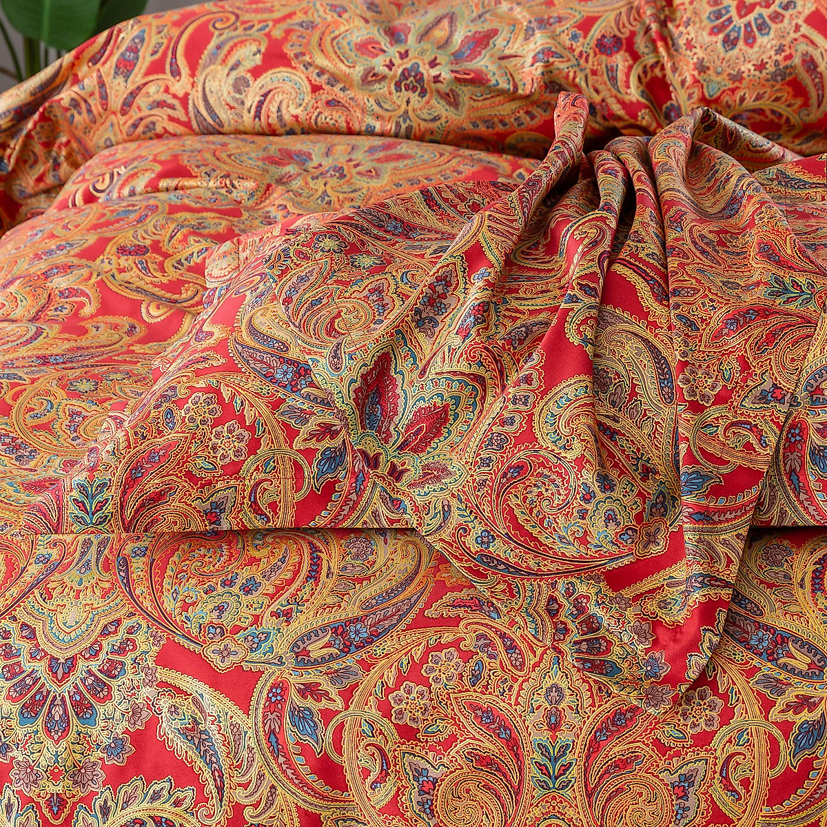 Classical Paisley Duvet Cover 3pc Set Bohemian Bedding Boteh Damask Medallion 400TC Egyptian Cotton Sateen Luxury European Traditional Style Bed Linen (Red Gold, King)