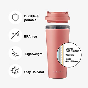 LocknLock Clip Tumbler Yellowish Red (Pink) 18oz Coffee Tumbler with Leak Proof Lid, BPA-Free Double Wall Stainless Steel Vacuum Insulated Travel Mug Valentines Day Gifts