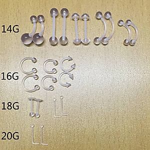Oasis Plus 22pcs 14G 16G 18G 20G Clear Flexible Bioplast Retainer Navel Belly Ring Eyebrow Tongue Nipple Barbell Nose Lip Labret Stud