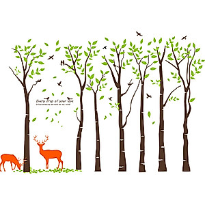 Giant Large Jungle 7 Brown Tree Wall Decal DIY Removable Vinyl Sticker Green Leaf Leaves Birds and Deer Wallpaper for Kids Girl Boy Bedroom Living Room Nursery Rooms Home Offices Walls 118" x 83"