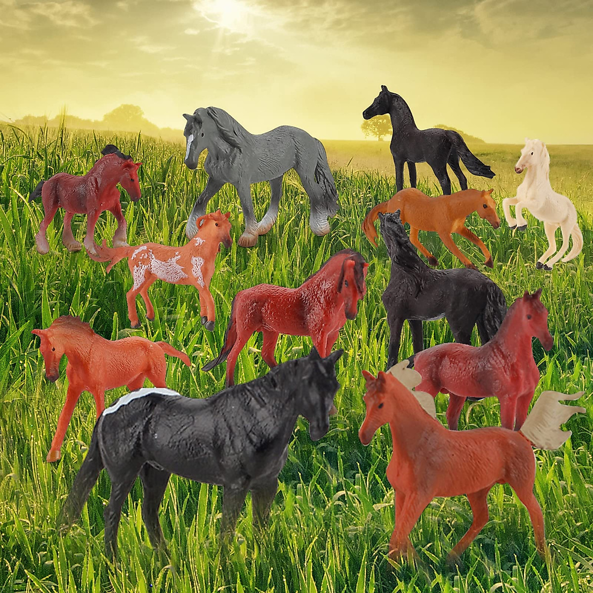 WONWONTOYS 12PCS Realstic Mini Horse Figurines Toy Palyset Arabian Horse Hannover Horse Morgan Stallion Solid Steed Model Set Early Educational Cognitive Toy for Kids