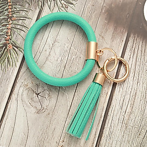 Coolcos Key Ring Bracelets Wristlet Keychain Bangle Keyring - Large Circle Leather Tassel Bracelet Holder For Women Gift(Turquoise Blue)